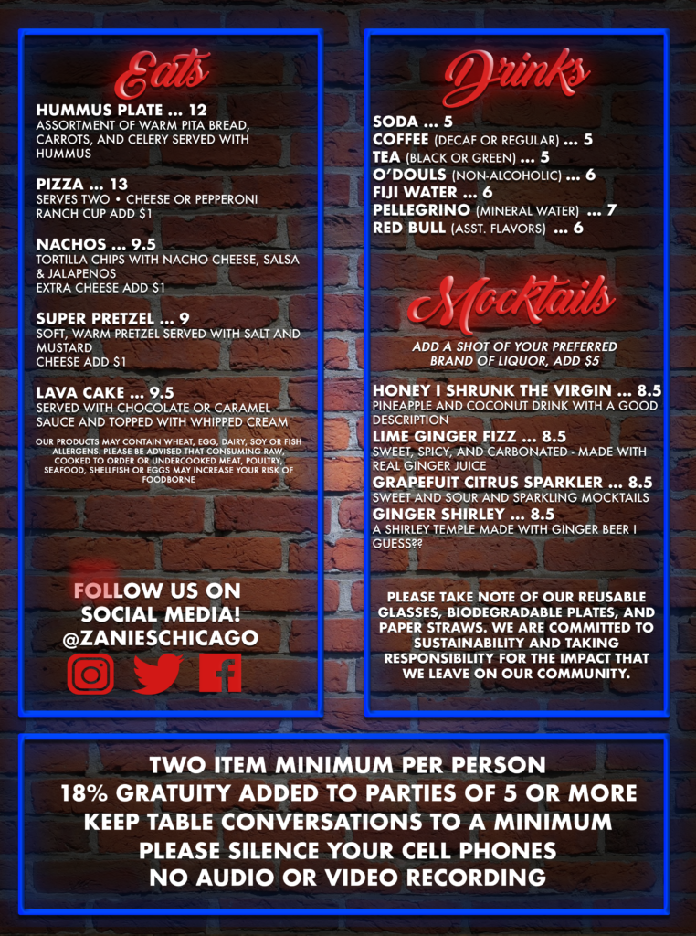 Menu - Zanies Chicago Comedy Club
